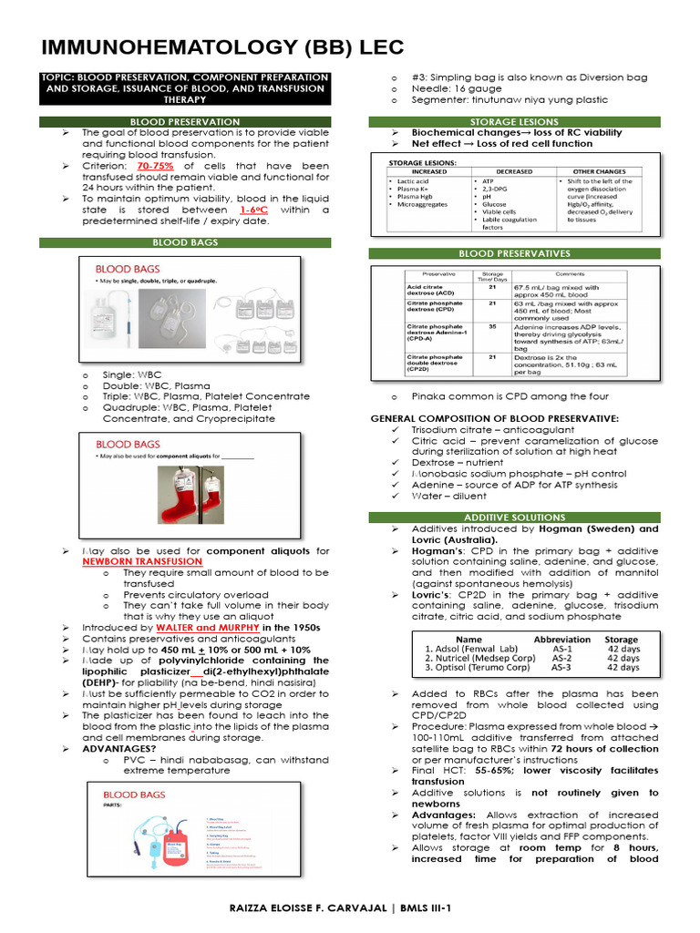 BB Lec - Topic 10 - Blood Preservation, Component Preparation and Storage, Issuance of Blood ...