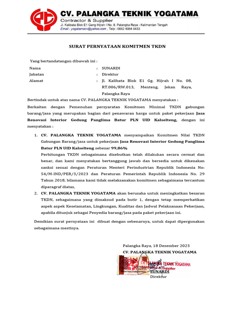 3. SURAT PERNYATAAN KOMITMEN TKDN | PDF