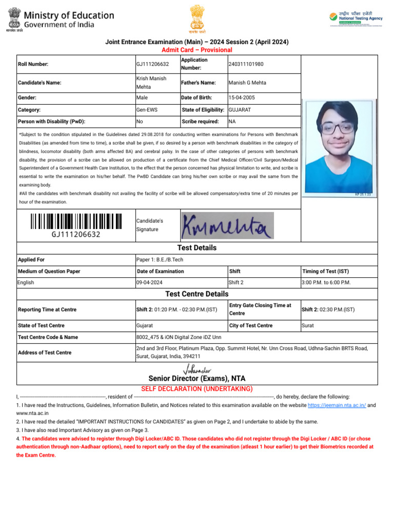 Jee Main Admit Card | PDF | Identity Document