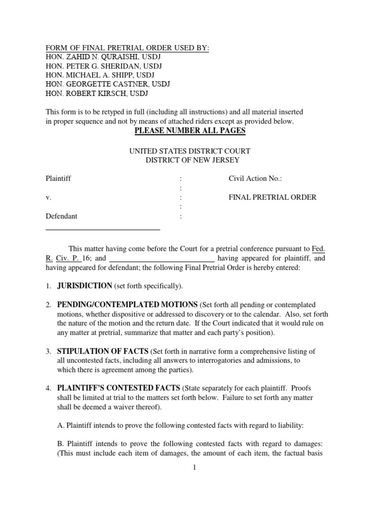 Final Pretrial Order | Download Free PDF | Damages | Trials