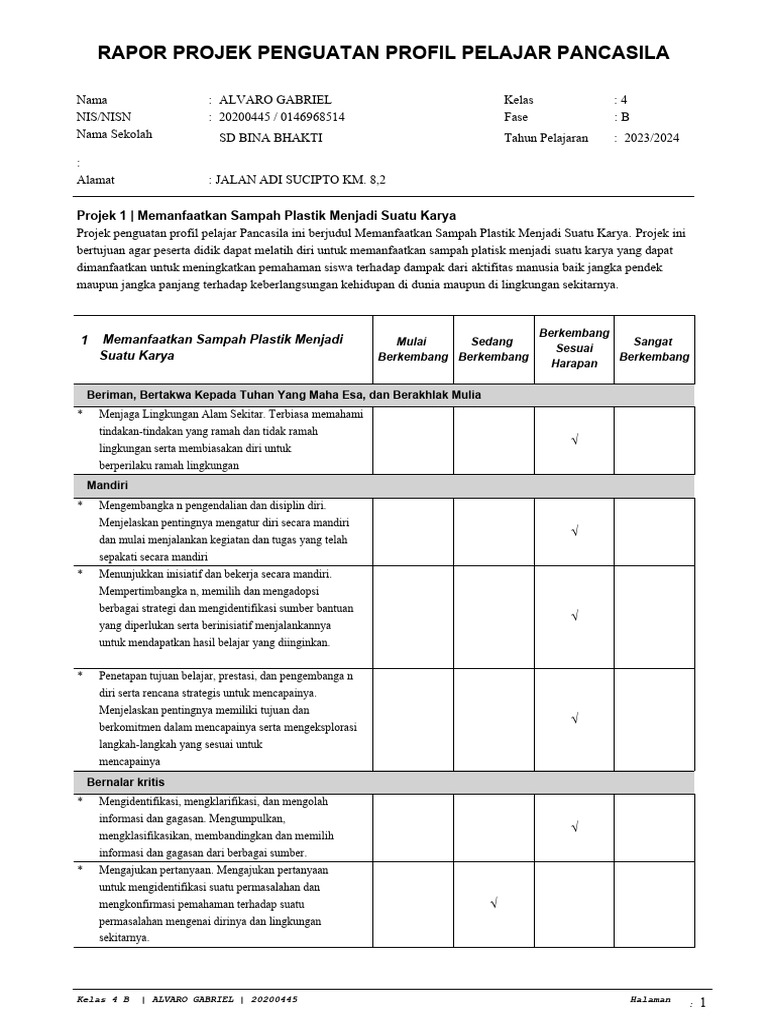 RAPOR P5 KLS Kelas4B | PDF