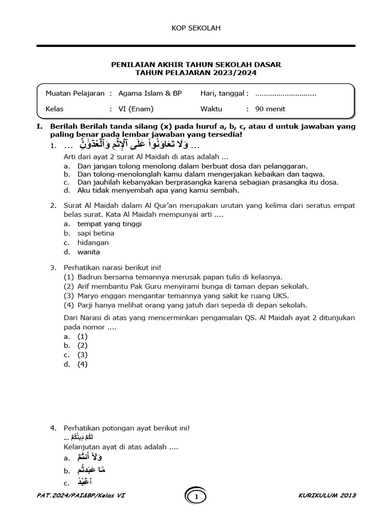 1. NASKAH SOAL PAT PAI KELAS 6 '24 | PDF