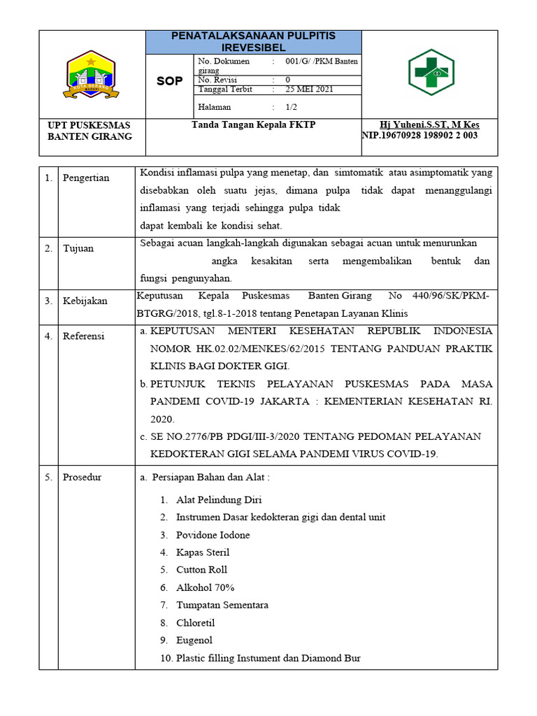 Sop Penatalaksanaan Pulpitis Irevesibel | PDF