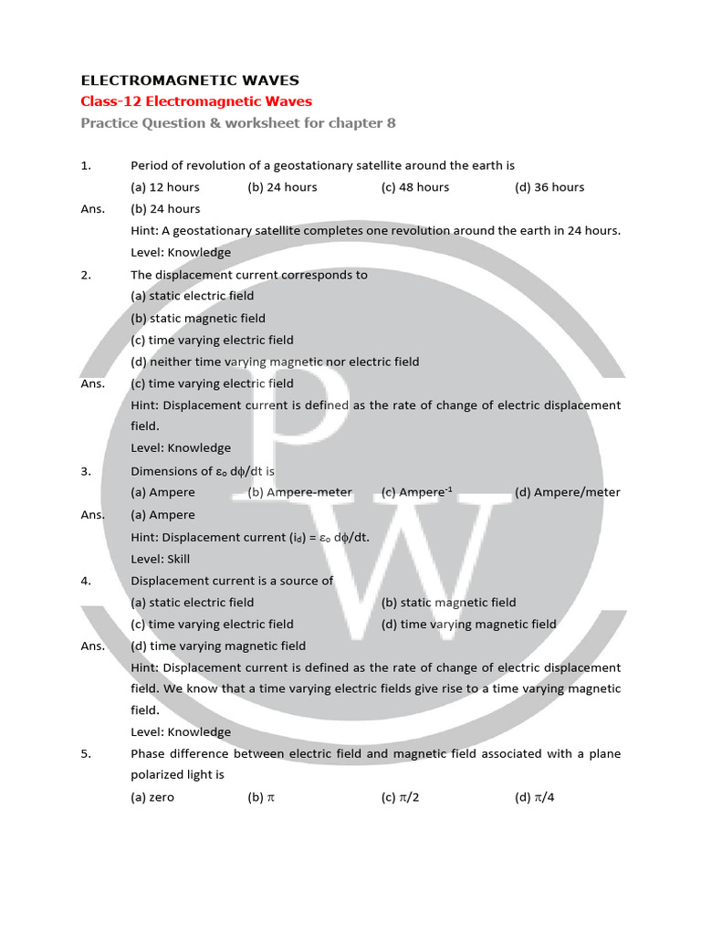 Practice Question & Worksheet For Chapter 8: Class-12 Electromagnetic ...