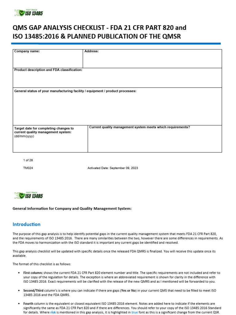 FDA ISO Gap Analysis Checksheet - Upgrade | PDF | Verification And ...