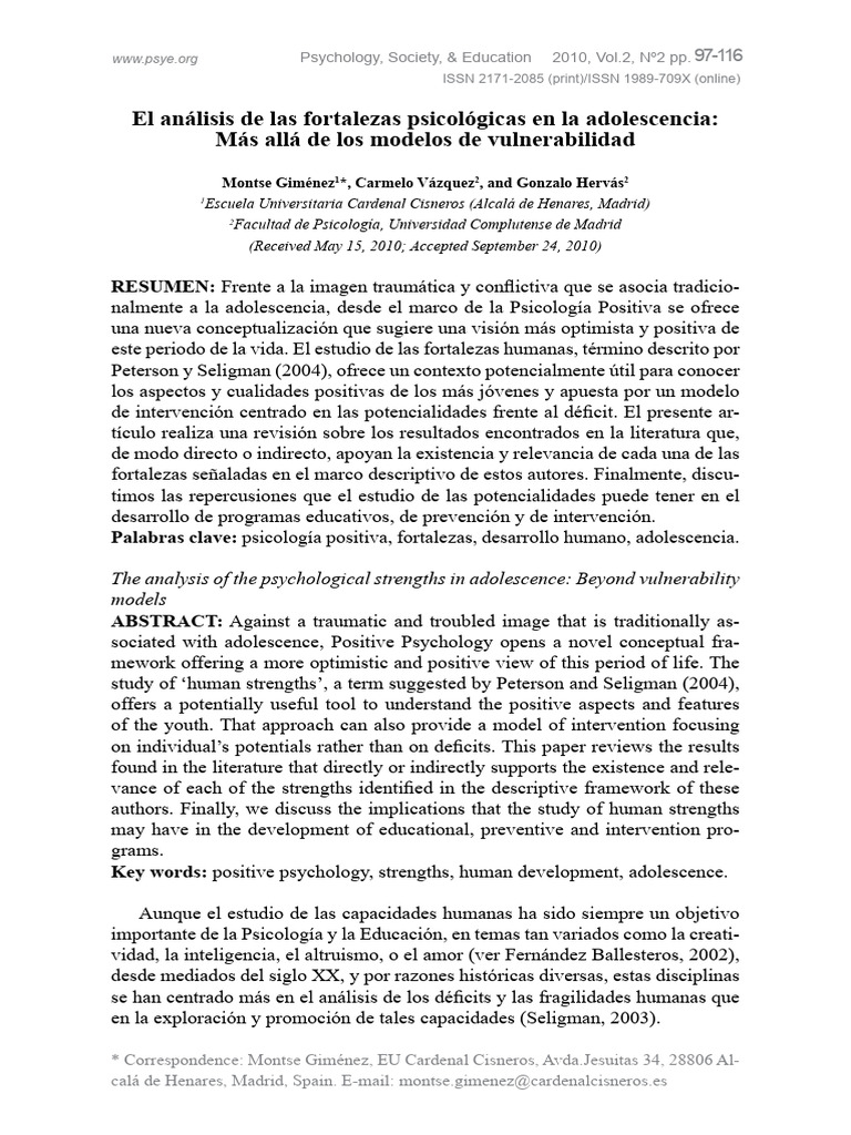 Fortalezas psicológicas en la adolescencia | PDF | Autoestima | Pensamiento