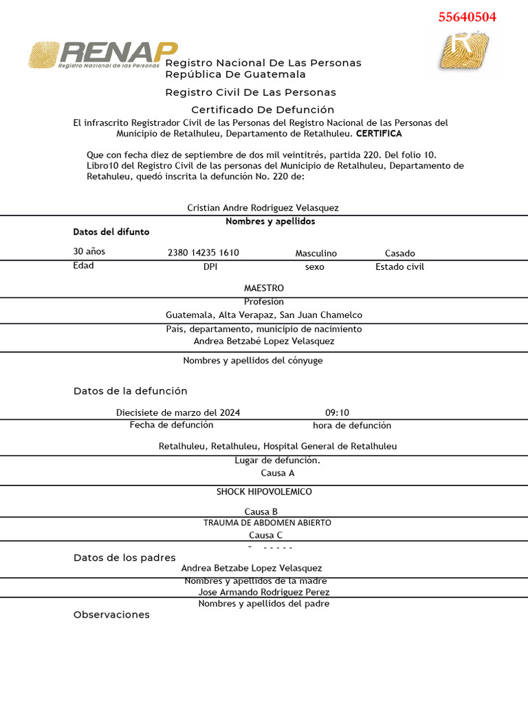 Ejemplo Certificado de Defuncion Renap Guatemala 4 PDF | PDF