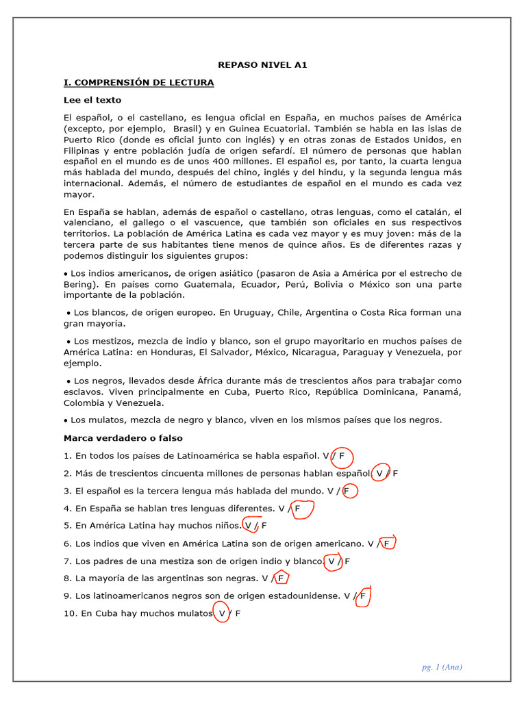 REPASO NIVEL A1 - Ana | PDF | Lengua española | America latina