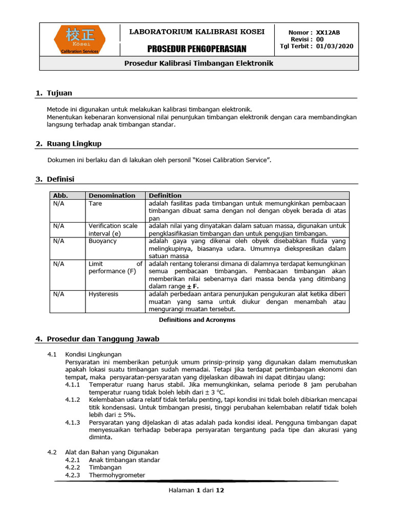Prosedur Kalibrasi Timbangan Elektronik | PDF | Teknologi & Rekayasa