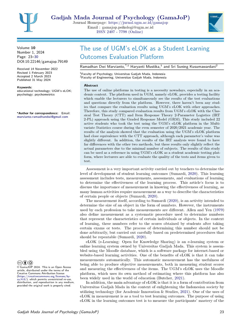 Evaluating UGM's eLOK for Learning Outcomes | PDF | Psychometrics
