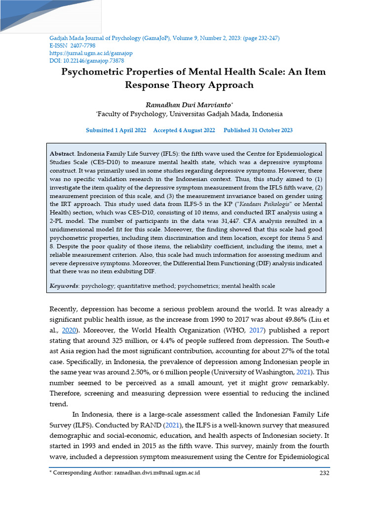 Psychometric Properties of Mental Health Scale: An Item Response Theory ...