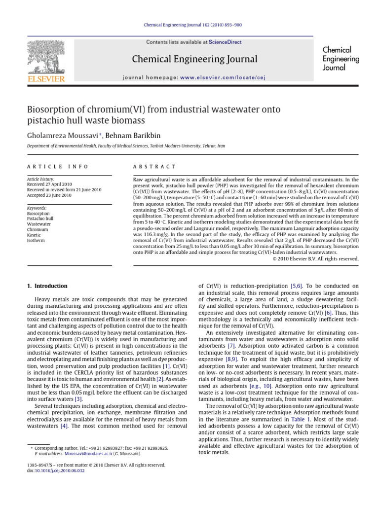 Biosorption of Chromium (VI) From Industrial Wastewater Onto Pistachio ...