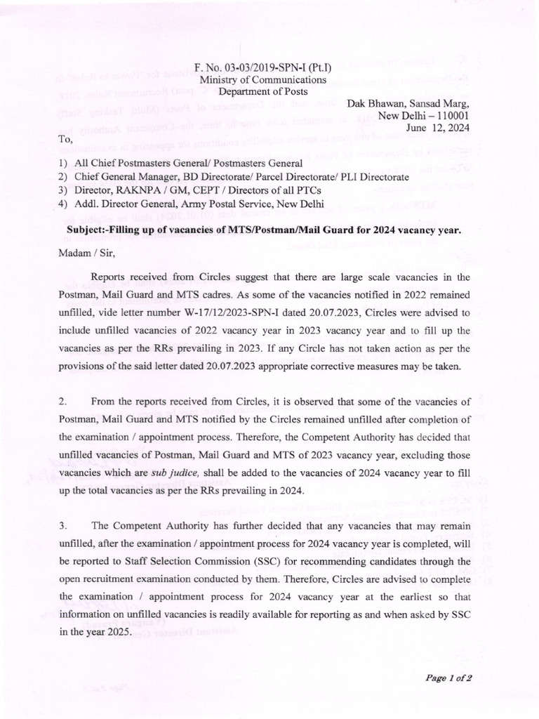 Filling Up Vacant Posts of MTS, POSTMAN AND MAILGUARDS, For The Year ...