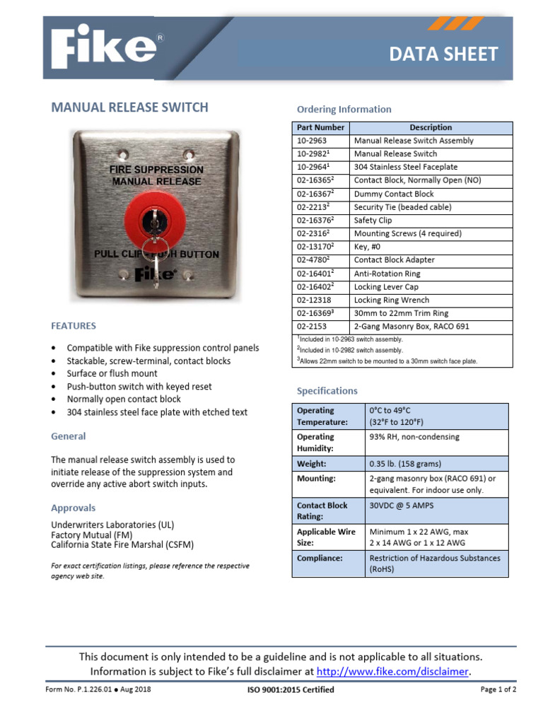 Fike Manual Release Switch Overview | PDF | Switch | Manufactured Goods