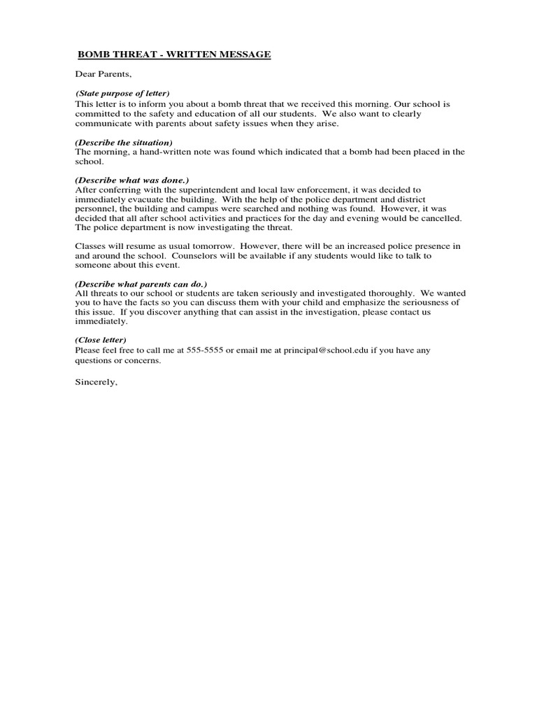 EMP Emergency Sample Letter Bomb Threat Written Message | PDF | Social ...