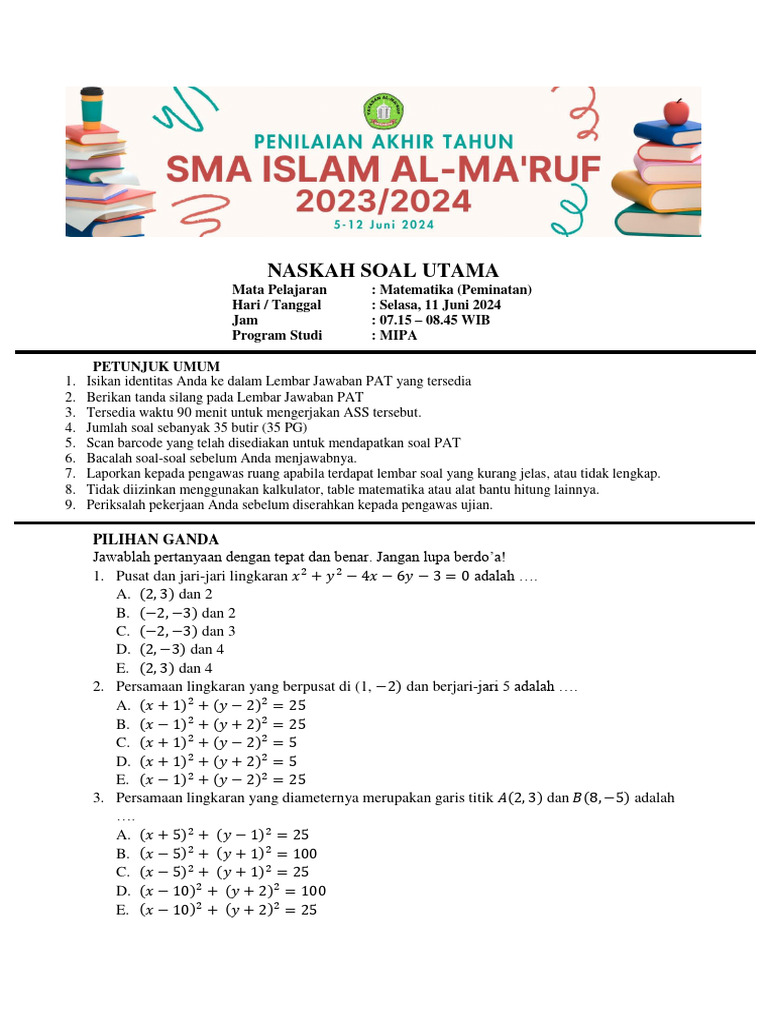 Naskah Soal Pat MTK Peminatan 2324 | PDF | Metode & Bahan Ajar