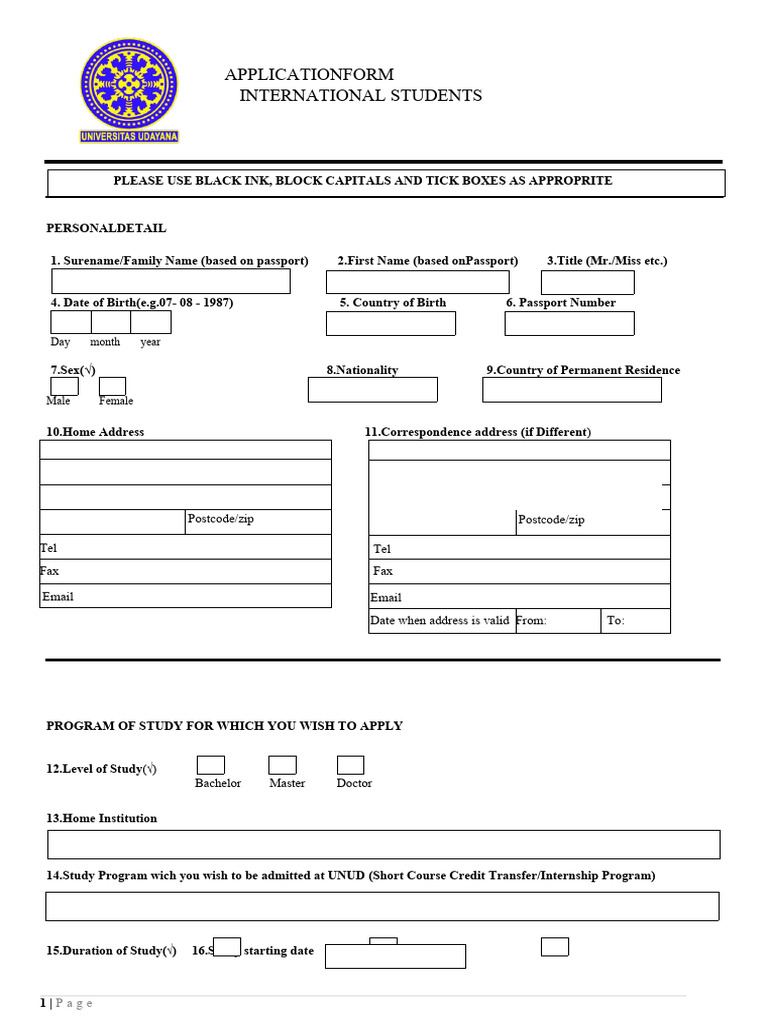 Applicationform International Students: Day Month Year | PDF