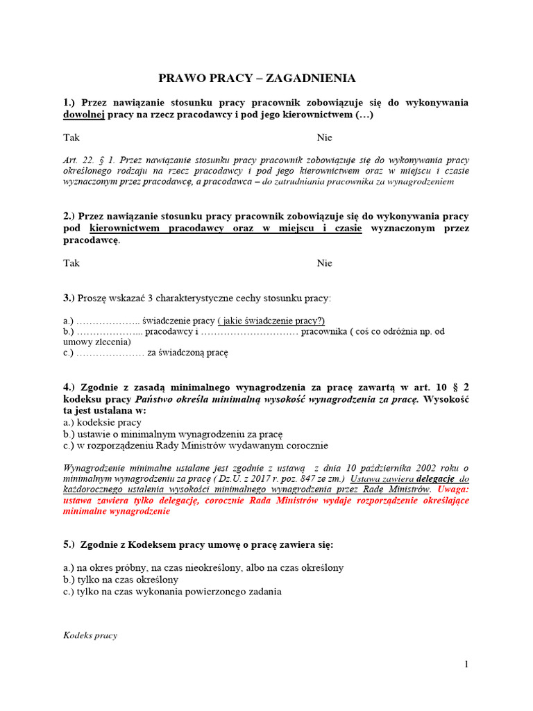Prawo Pracy - Przykĺ Adowe Zadania Zaliczeniowe Z Omăłwieniem (1) 3 | PDF