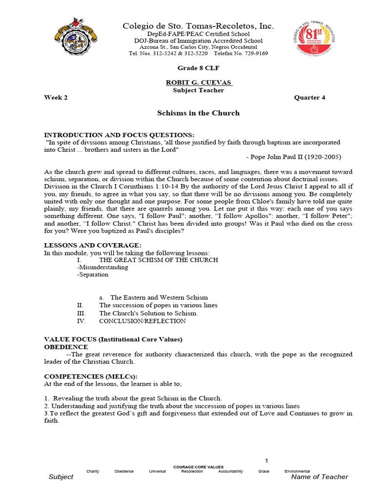 Understanding Church Schisms: A Lesson Plan | PDF | Catholic Church ...