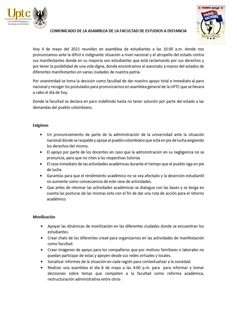 Comunicado de La Asamblea de La Facultad de Estudios A Distancia | PDF ... Comunicado de La Asamblea de La Facultad de Estudios A Distancia | PDF ...