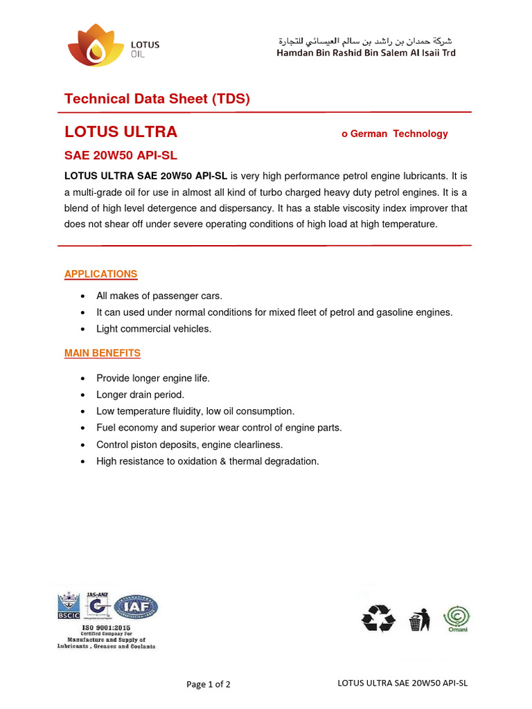 Lotus Ultra SAE 20W50 API-SL Overview | PDF | Gasoline | Viscosity