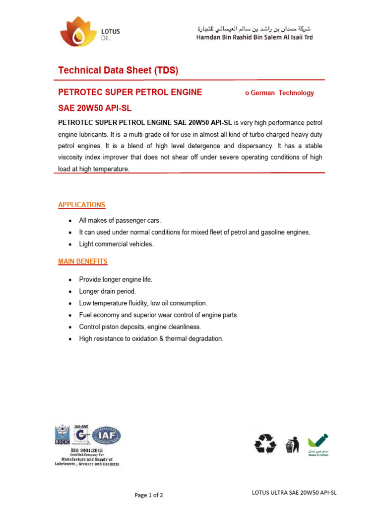 Tds-Petrotec Super Petrol Engine 20W50 - SL | PDF | Gasoline | Viscosity