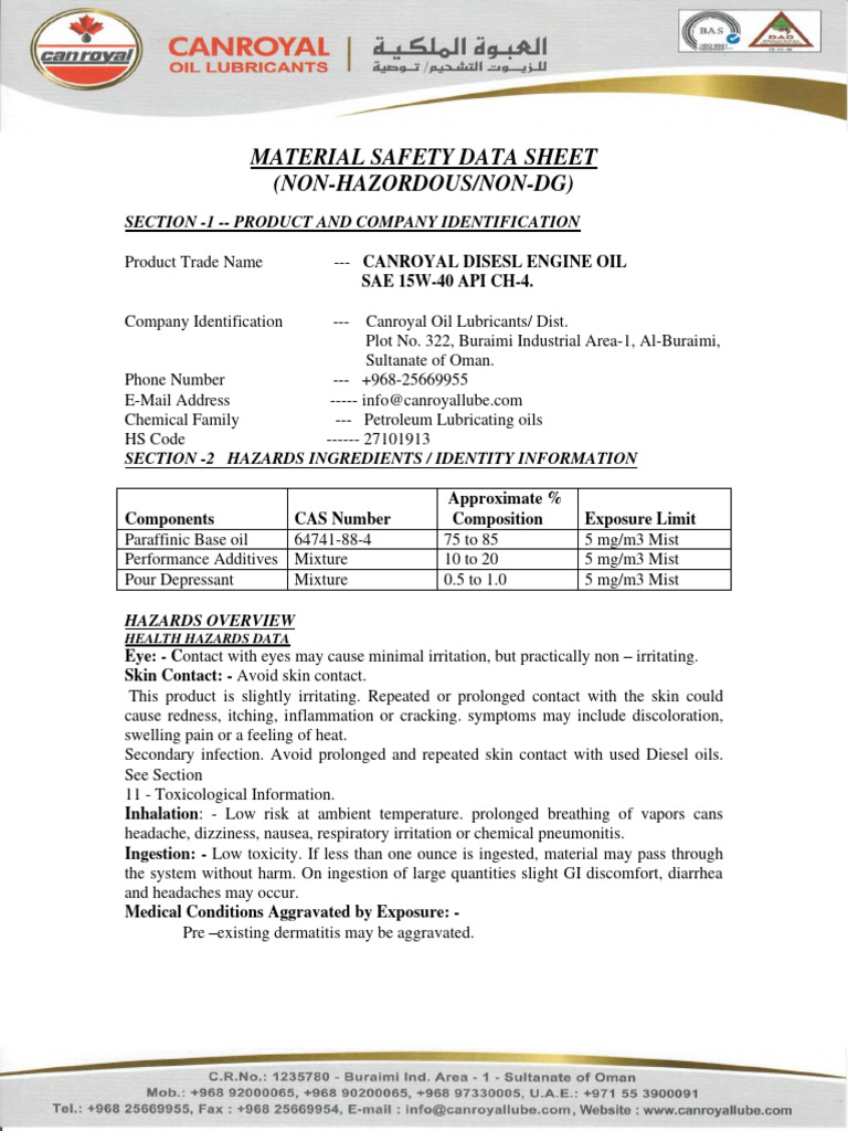 Msds-Canroyal Diesel Engine Oil Sae 15W40 Api CH4 SL | PDF | Fires ...