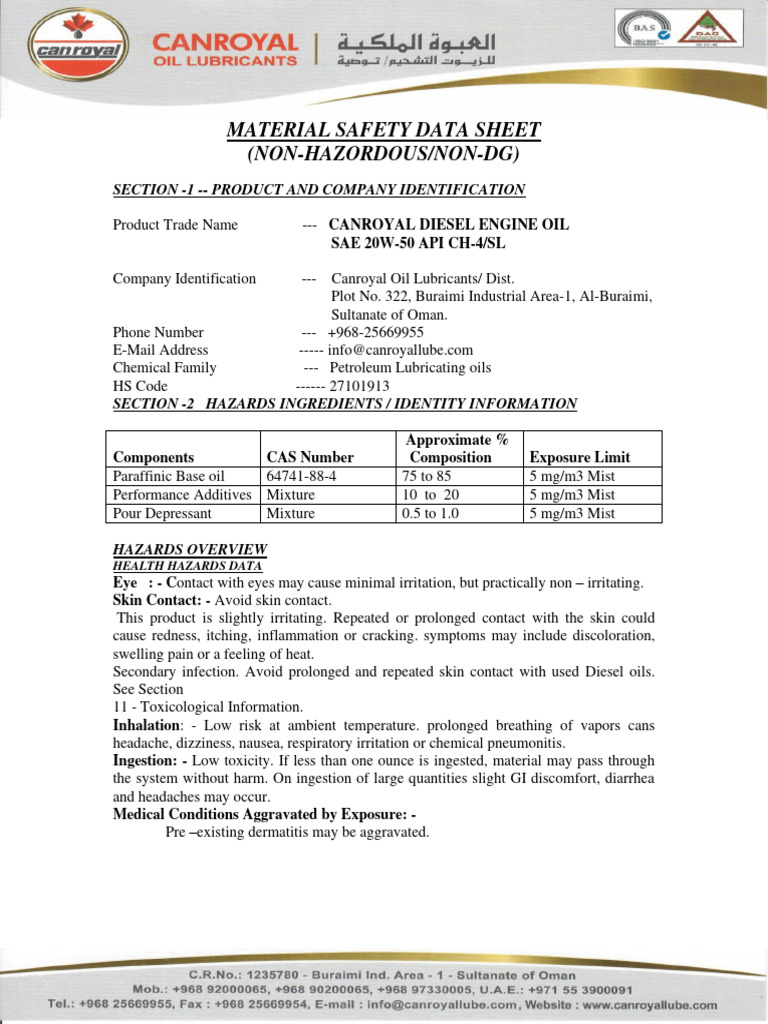 Msds-Canroyal Diesel Engine Oil Sae 20W50 Api CH-4 SL | PDF | Fires ...