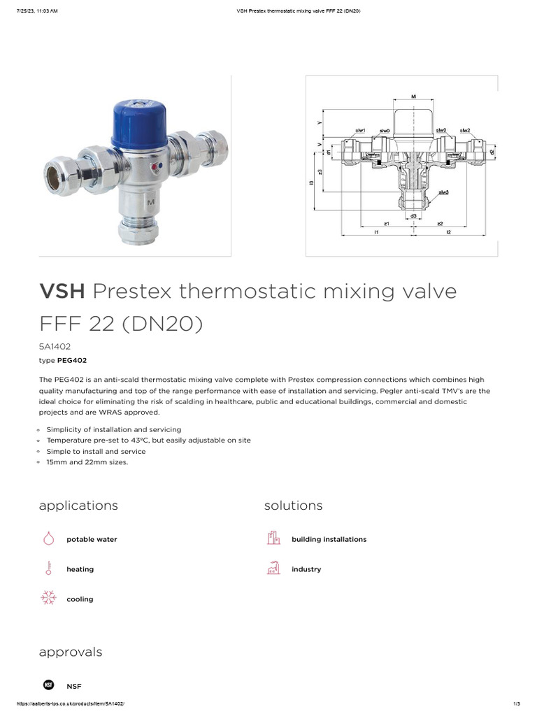 VSH Prestex Thermostatic Mixing Valve FFF 22 DN20 96f0 | PDF | Valve ...