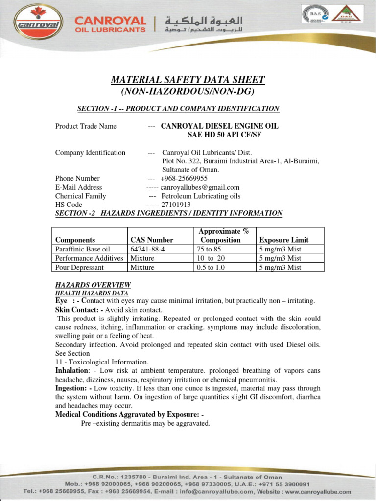 Msds-Canroyal Diesel Engine Oil Sae HD 50 Api CF-SF | PDF | Fires ...