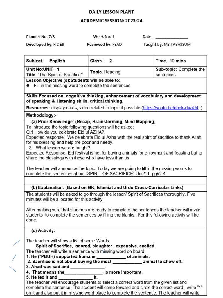 English lesson plan for GRADE 2 | PDF | Cognitive Psychology | Behavior Modification