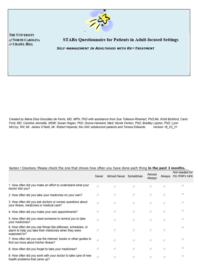 STARx Questionnaire - Patients in Adult Focused Settings | PDF | Doctor ...