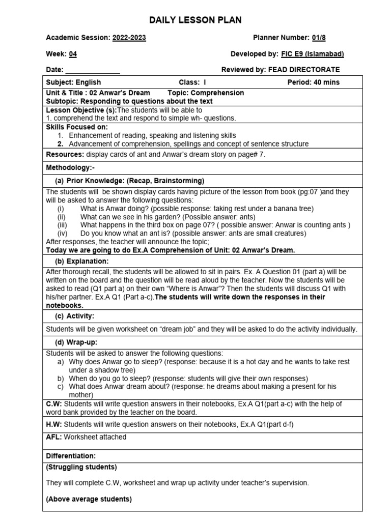 Grade 1 English Lesson Plan: Term 4 | PDF | Reading Comprehension ...