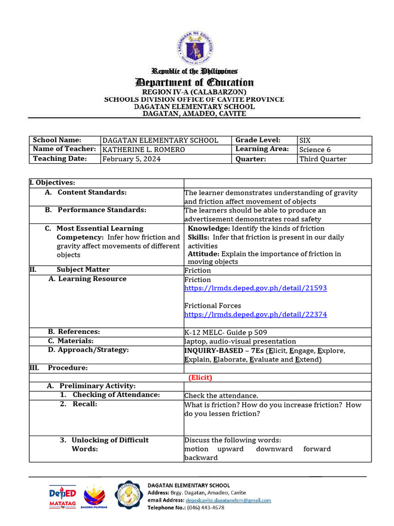 DLP Science 6 Q3 W2 D1 | PDF | Friction | Behavior Modification