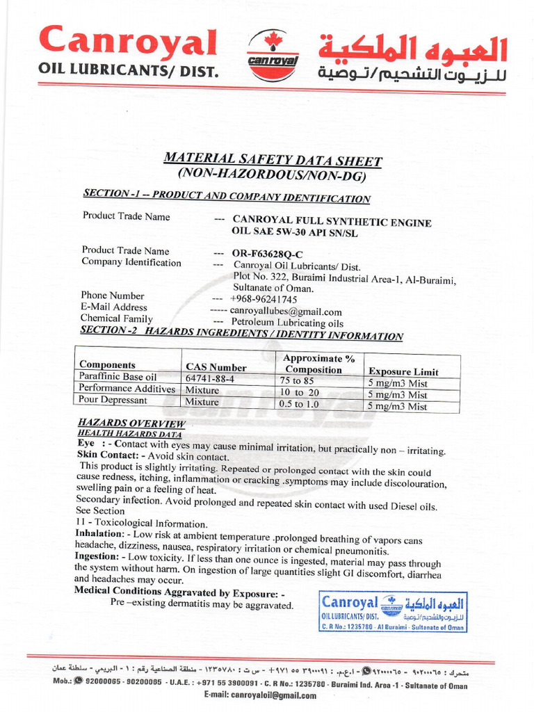 Canroyal Full Synthetic Engine Oil Sae 5w-30 API SN-SL | PDF