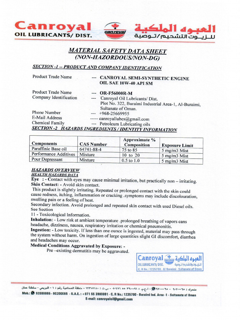 Msds of Engine Oil Sae 10w-40 API SM | PDF