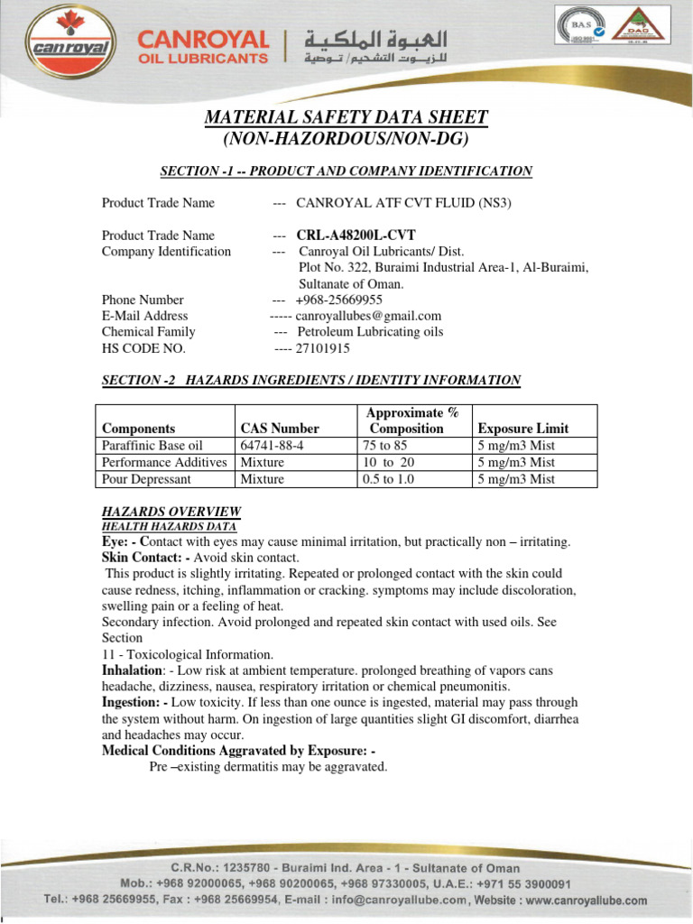 Msds-Canroyal Atf CVT Fluid (NS3) | PDF | Fires | Combustion