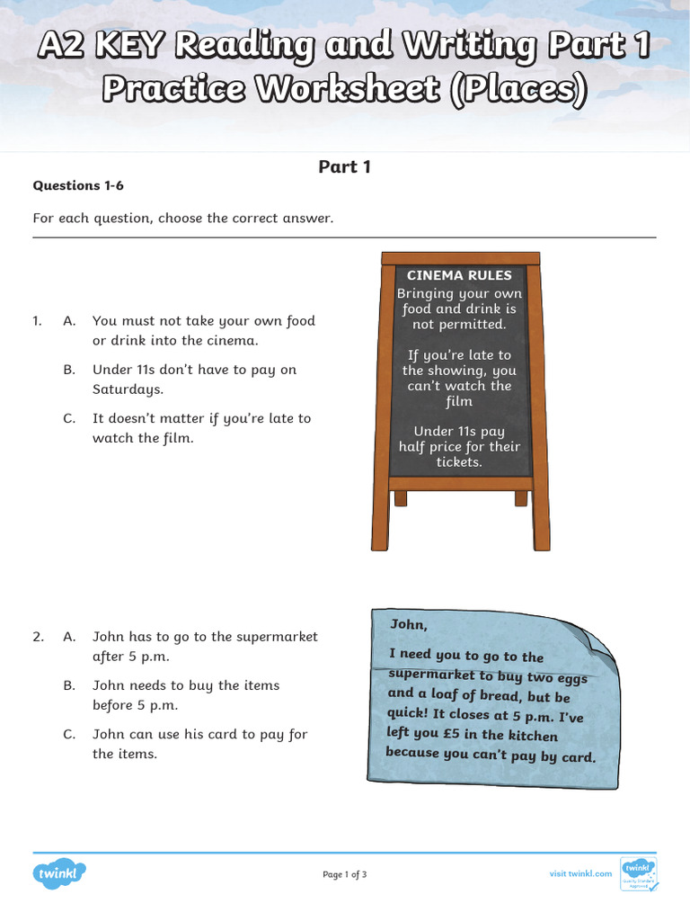 T e 1680000067 Esl A2 Key Reading and Writing Part 1 Practice Worksheet ...