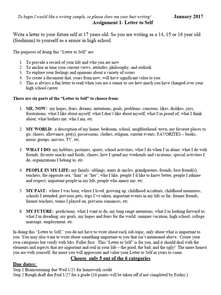 Letter To Self Assignment Sheet | PDF