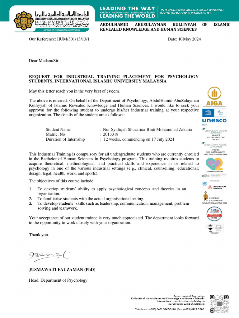Request For Industrial Training Placement Letter (2013318) | PDF | Psychology | Science