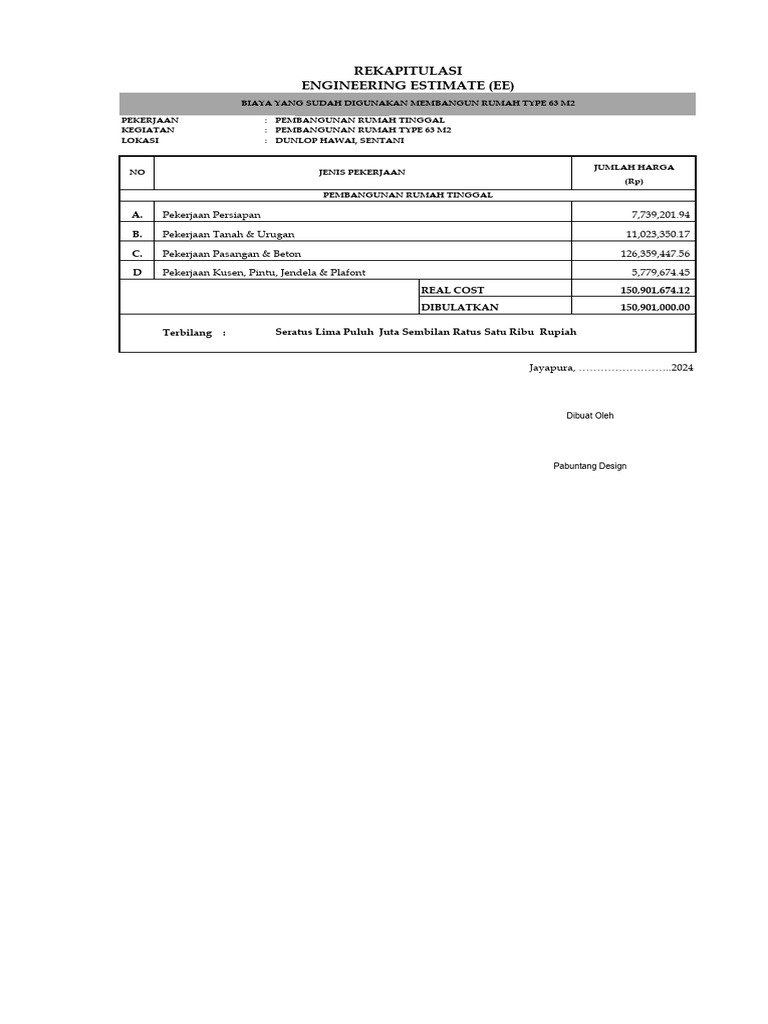 Estimasi Biaya Pembangunan Rumah 63 m2 | PDF