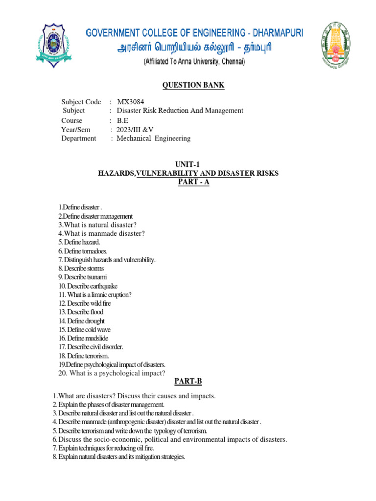 MX3084 Disaster Management Question Bank Unit 1-5 | PDF | Natural Disasters | Disaster Risk ...