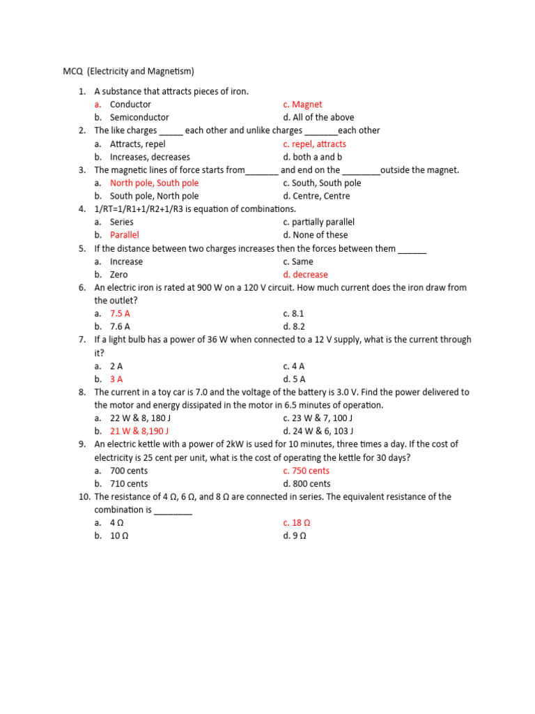 MCQ Electricity & Magnetism | PDF | Series And Parallel Circuits | Electricity