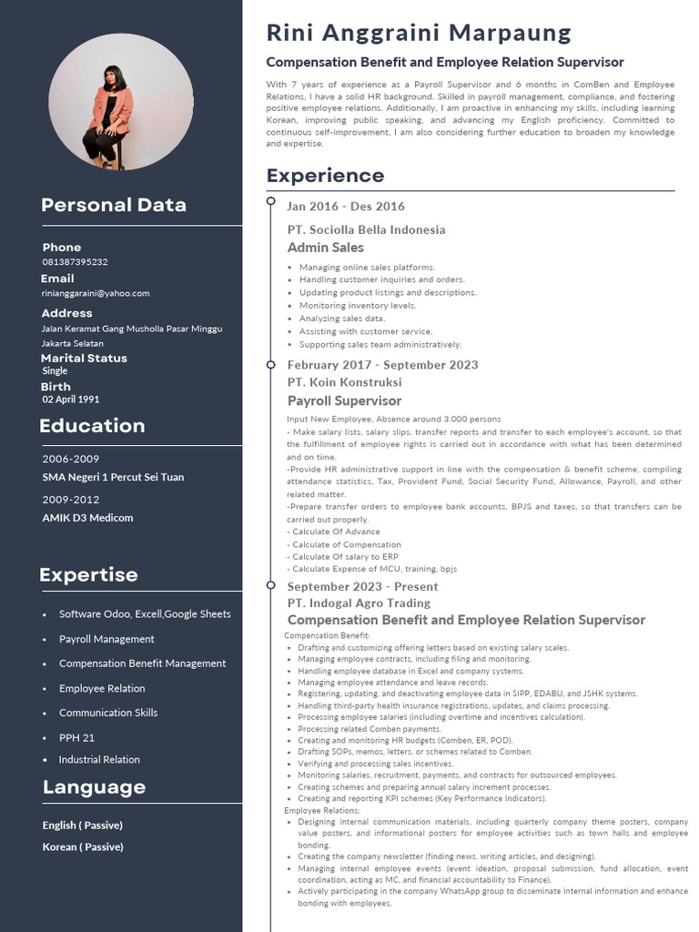 CV Rini Anggraini Marpaung | PDF | Payroll | Employment