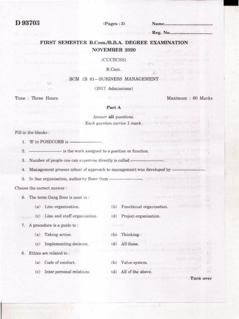 Business Management 2020 2017 Admission Pdf