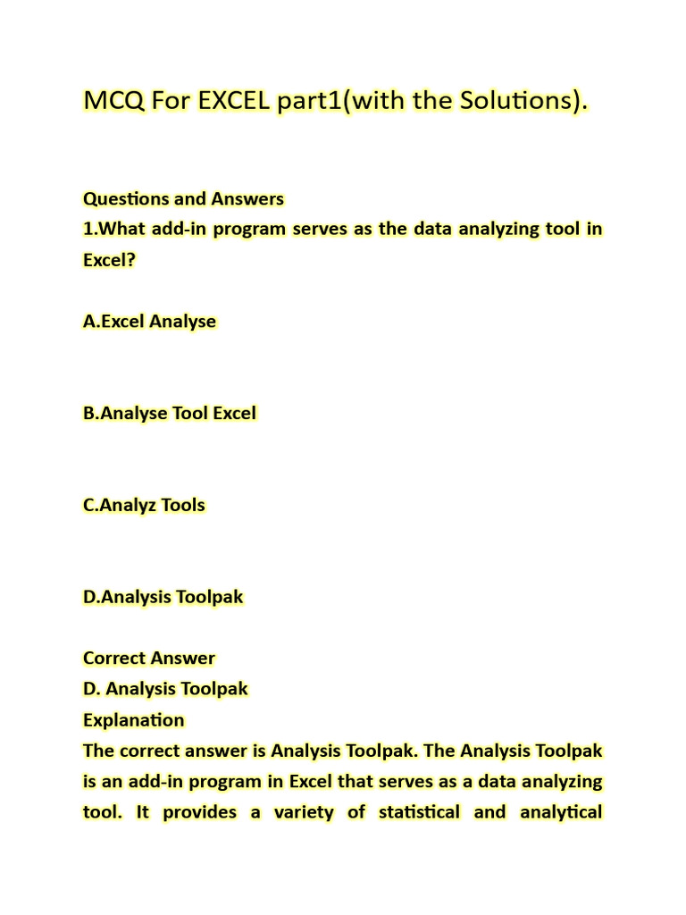 MCQ For EXCEL part1 | PDF | Regression Analysis | Fast Fourier Transform