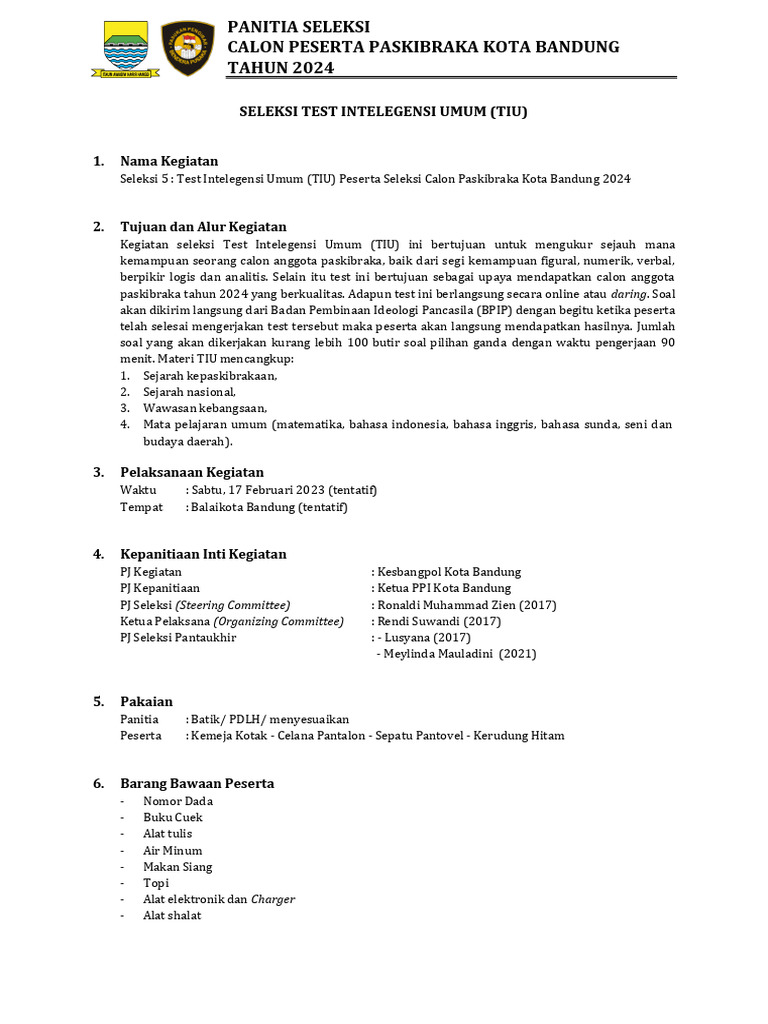 Seleksi Test Intelegensi Umum (TIU) BDG 2024 | PDF