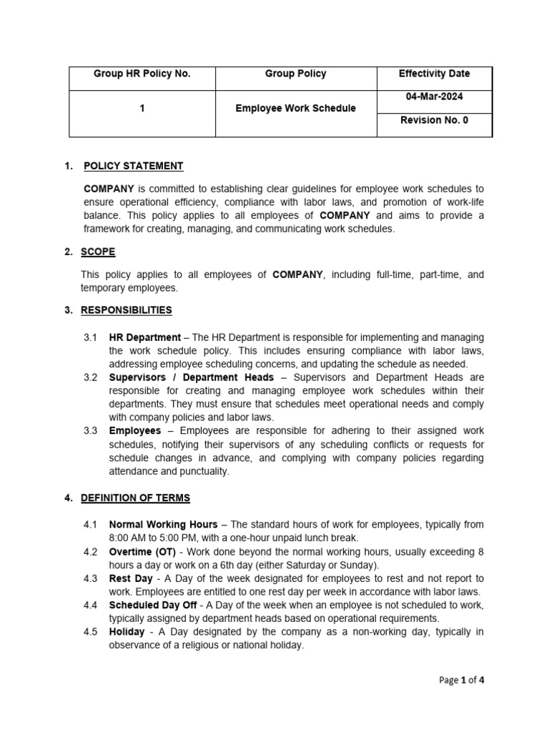 Group Policy No. 1 - Work Schedule Policy | PDF | Overtime | Employment