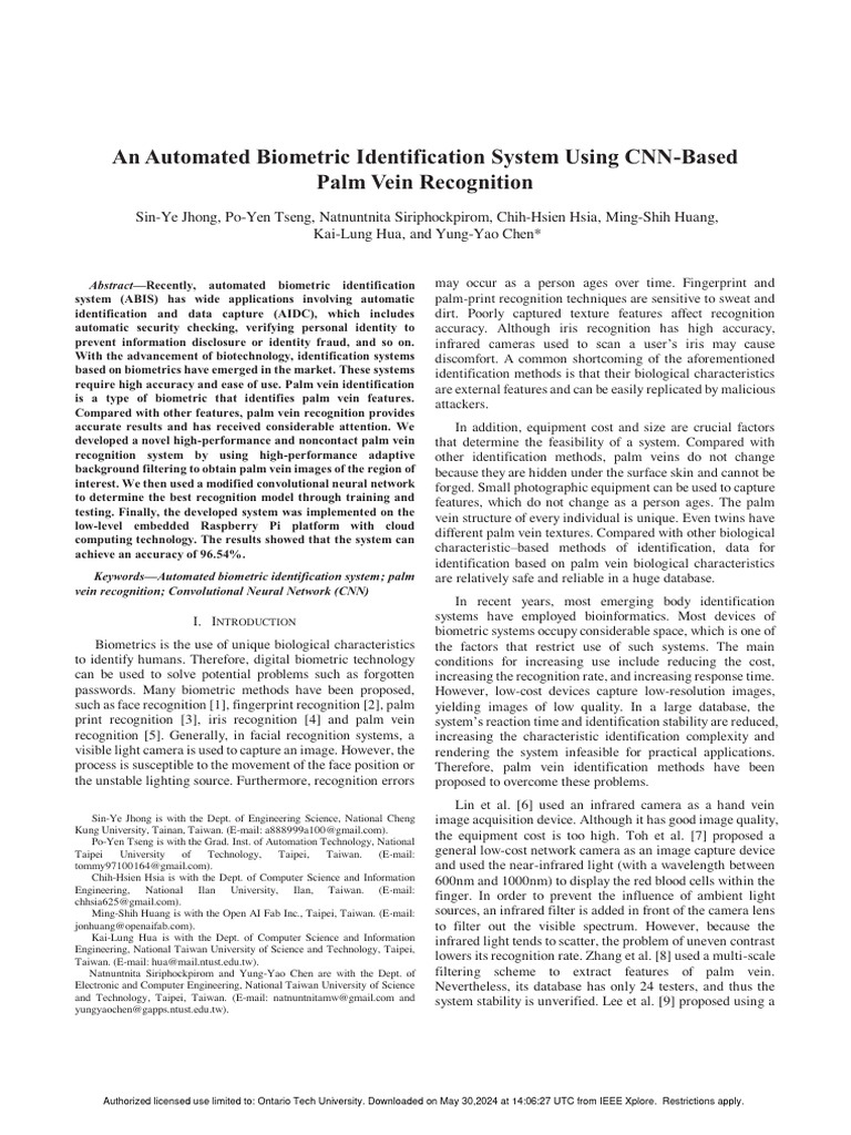Automated Palm Vein Recognition | PDF | Biometrics | Applied Mathematics