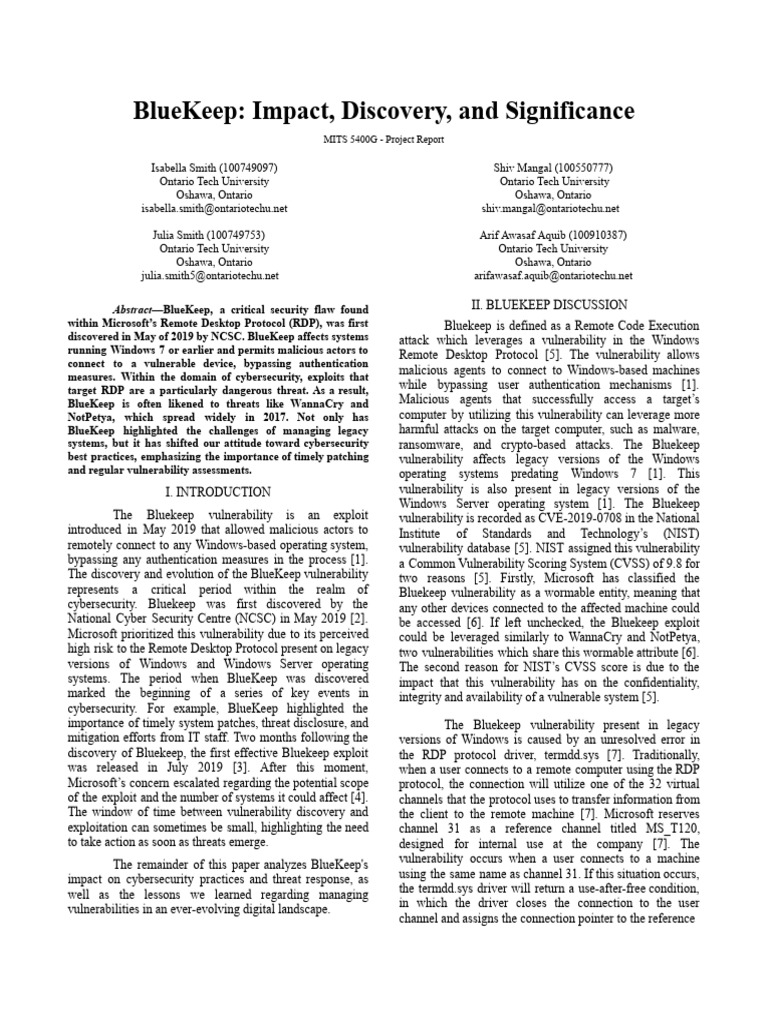 BlueKeep Final Project Report Group 3 | PDF | Security | Computer Security